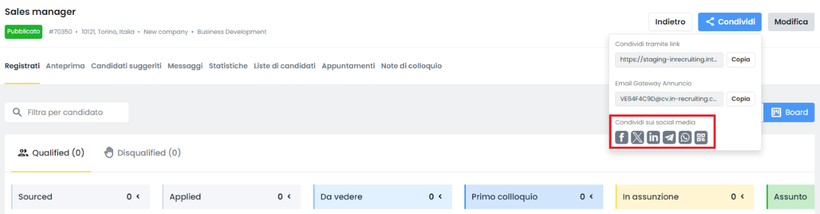Condivisione annuncio sui Social Network – Inrecruiting Supporto Clienti